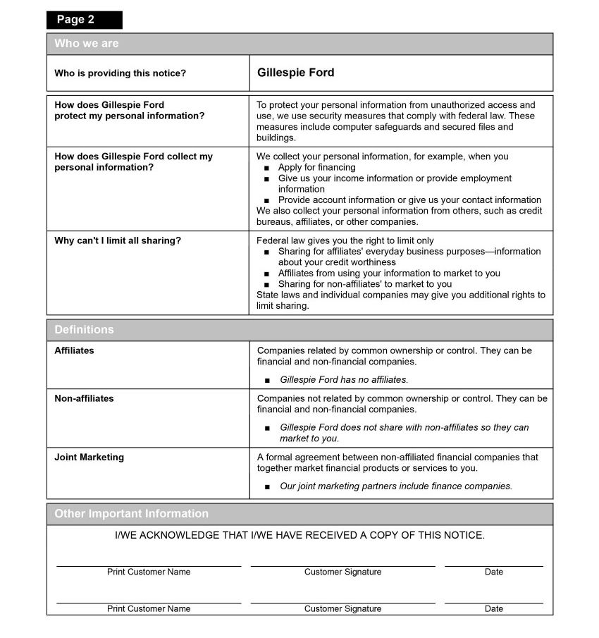 Privacy Policy - Gillespie Ford