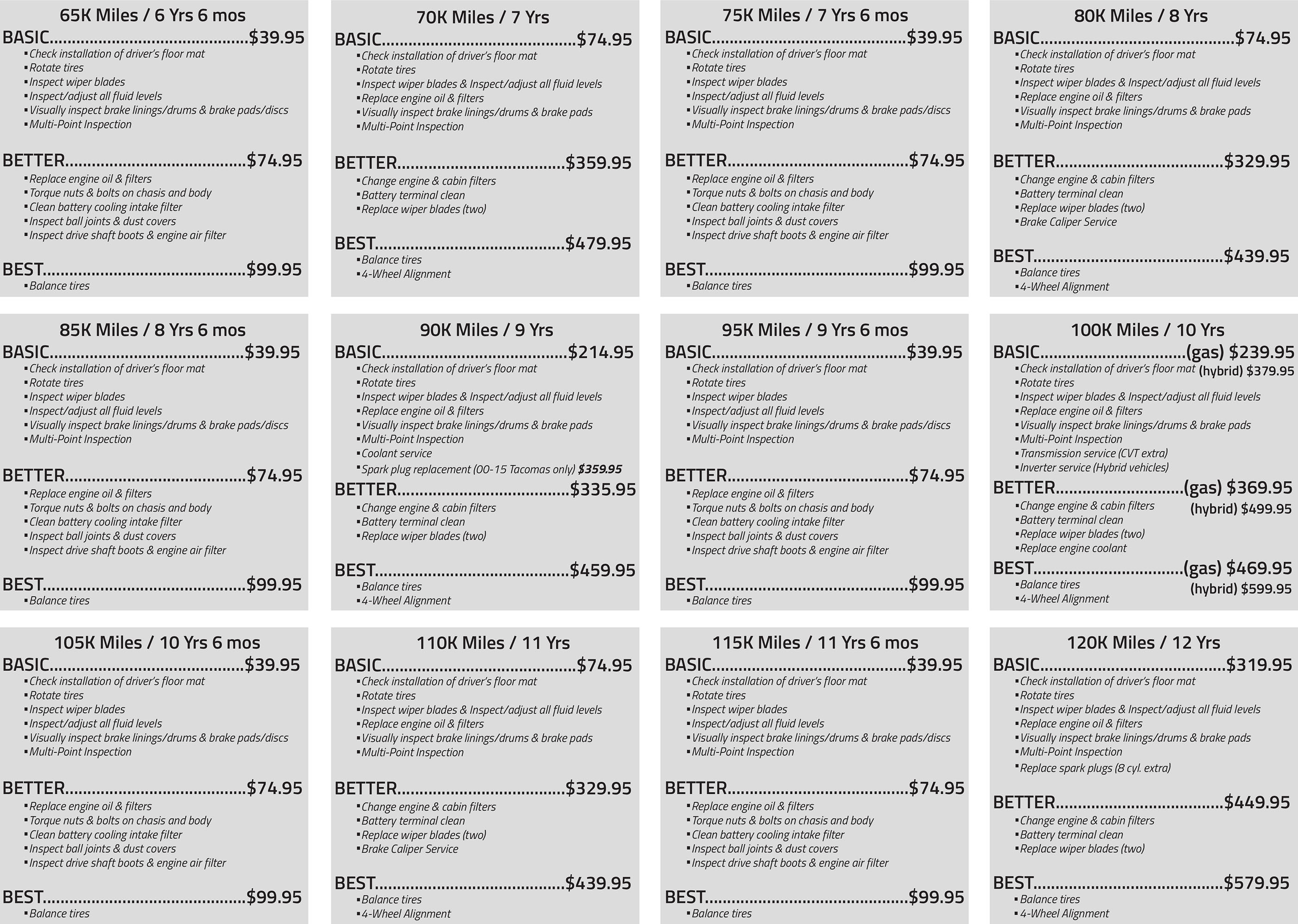 Service Pricing Menu - Williams Toyota of Sayre