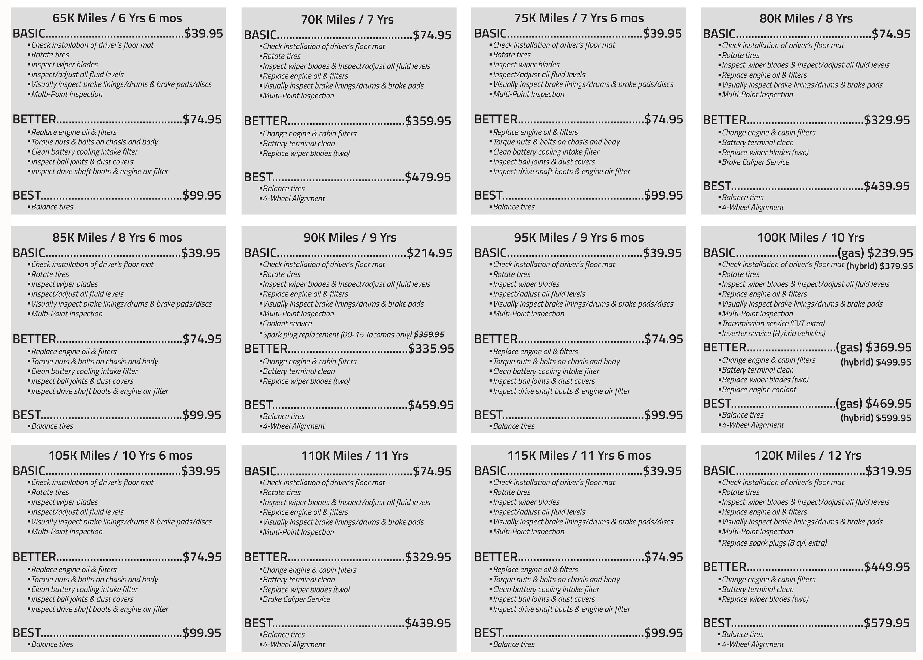 Service Pricing Menu - Williams Toyota of Sayre