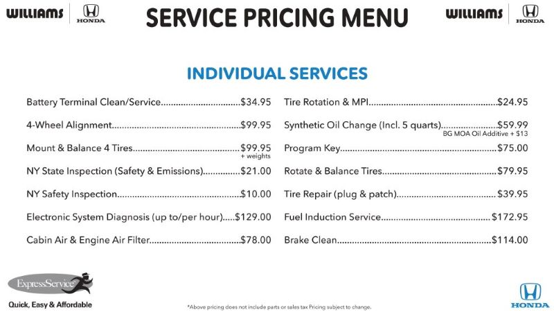 Service Pricing Menu - Williams Honda