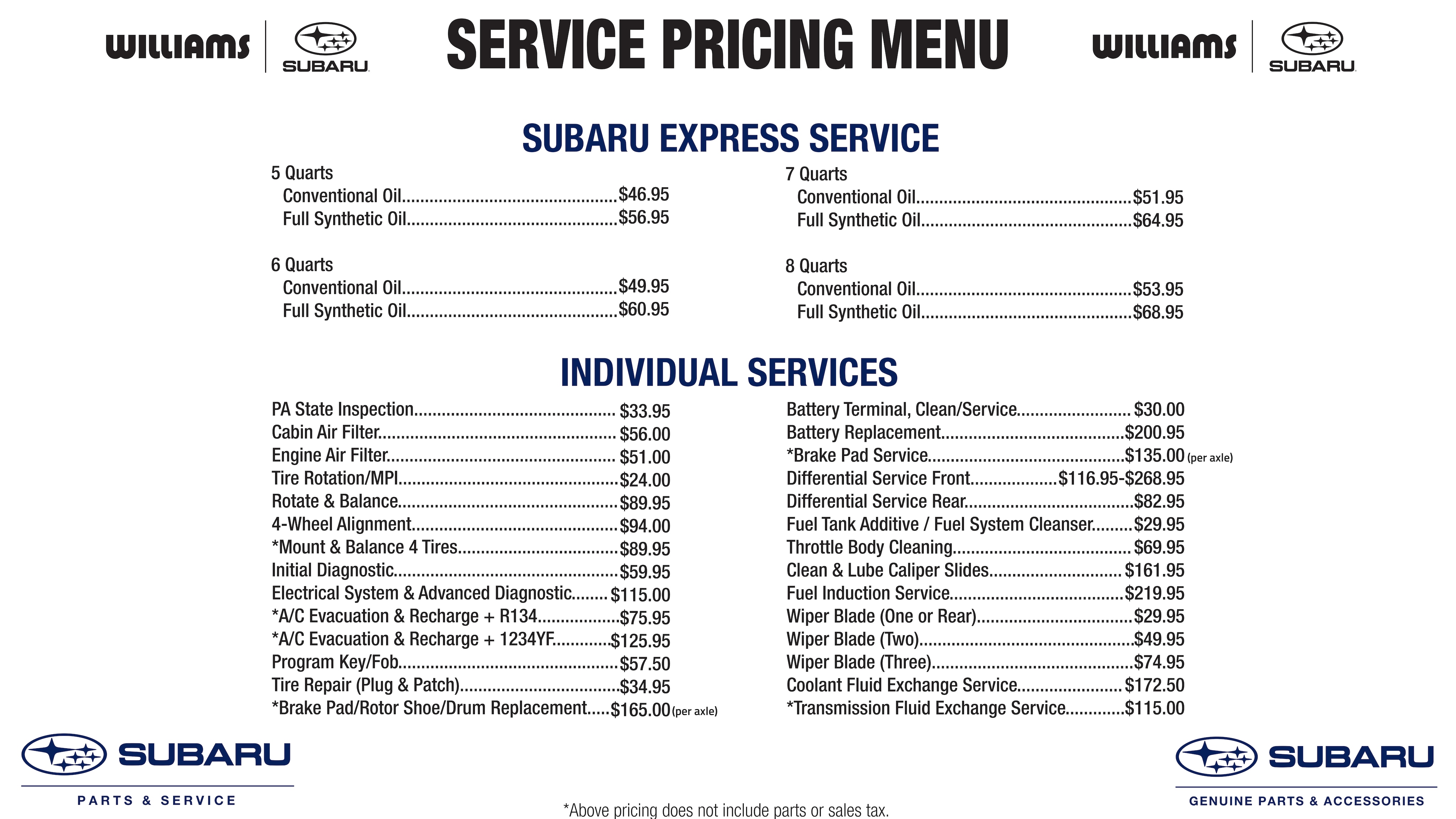 Service Pricing Menu - Williams Subaru Sayre