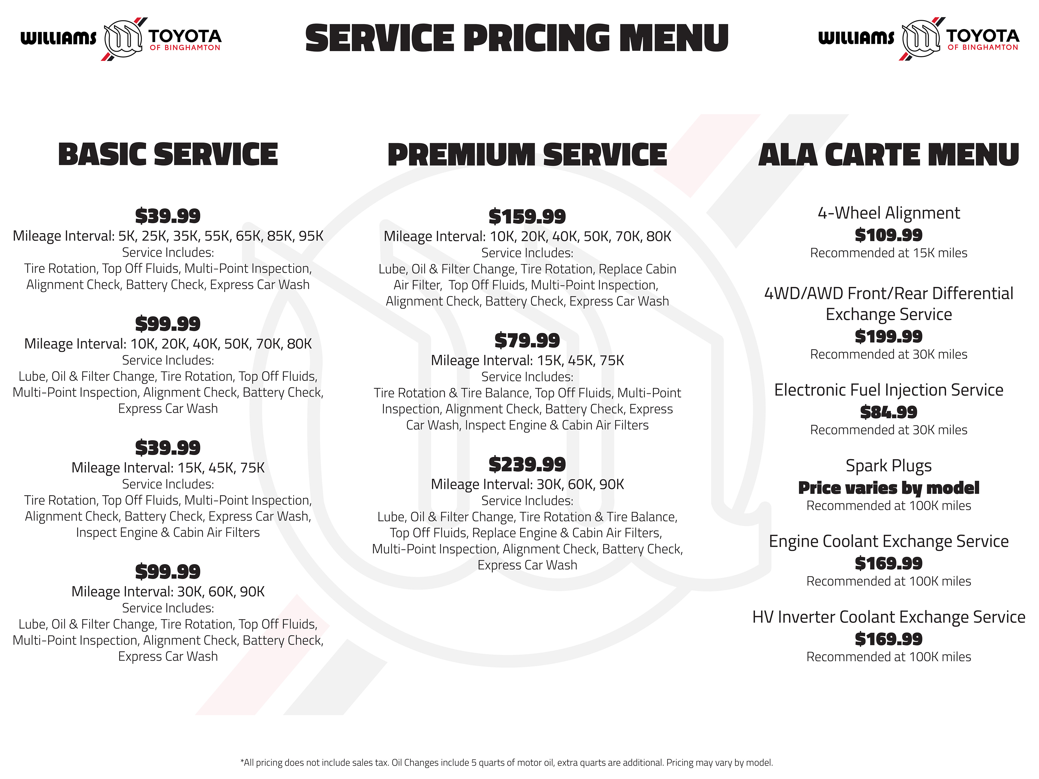 Service Pricing Menu - Williams Toyota of Binghamton