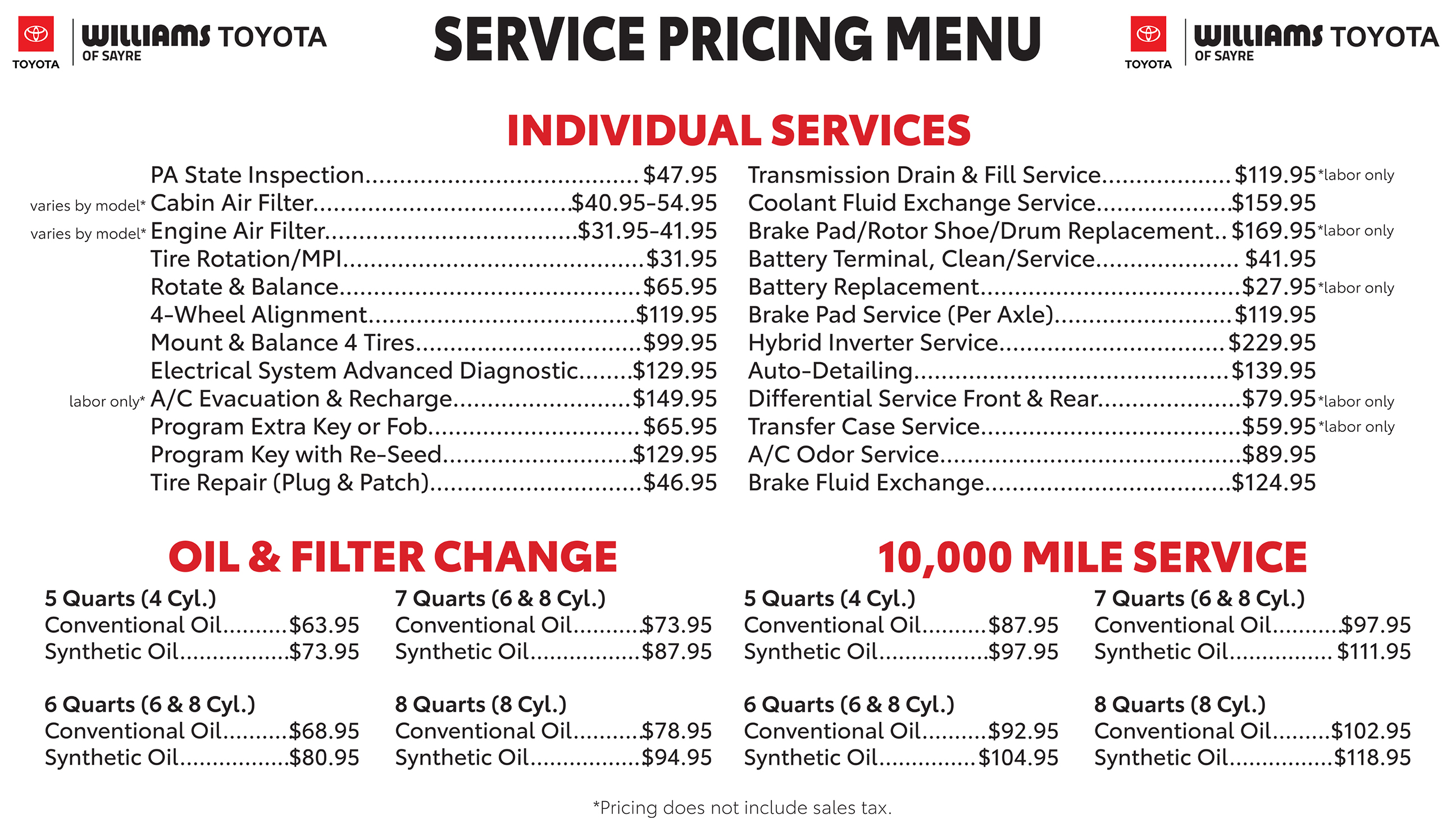 Service Pricing Menu - Williams Toyota of Sayre
