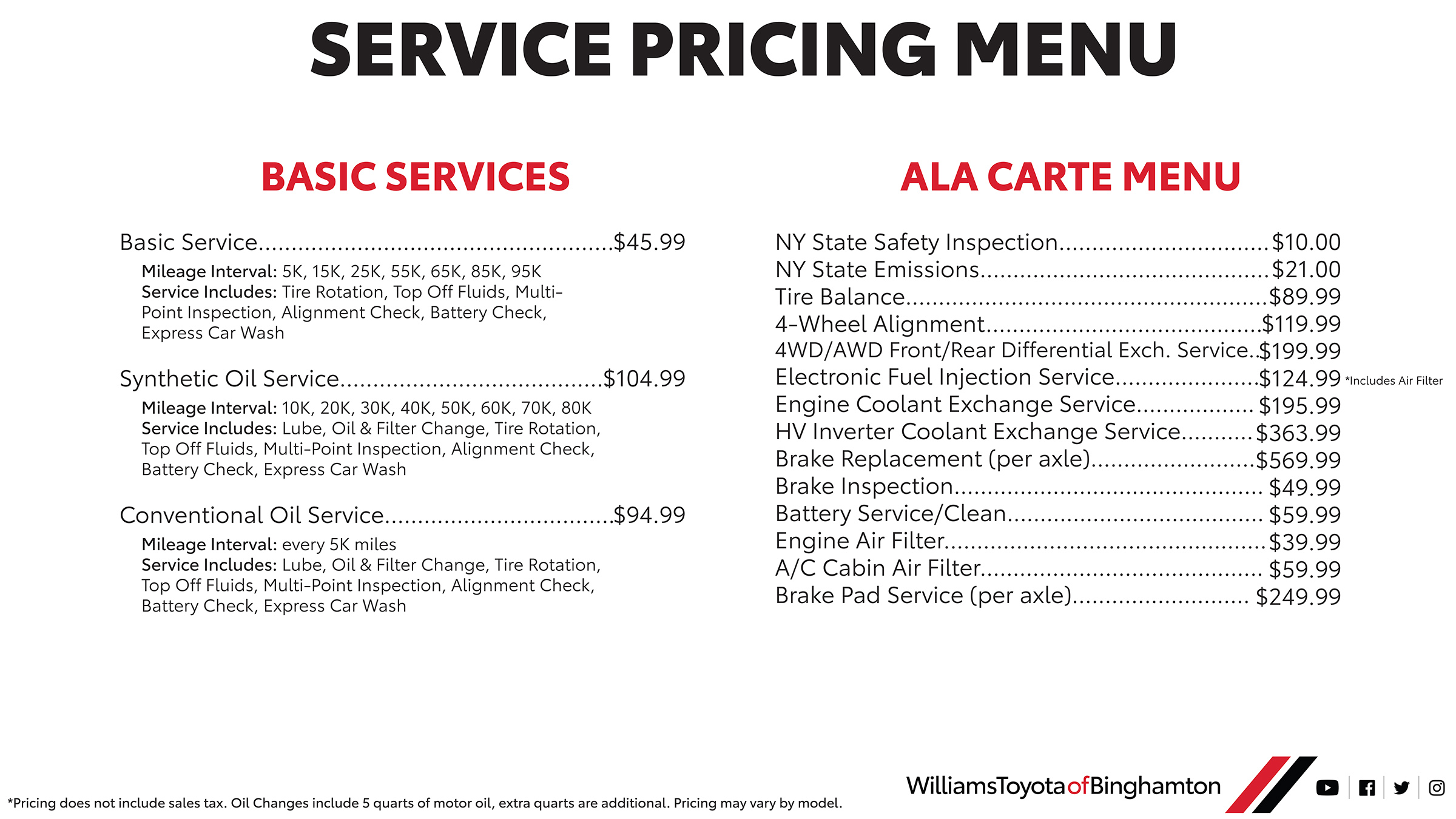 Service Pricing Menu - Williams Toyota of Binghamton
