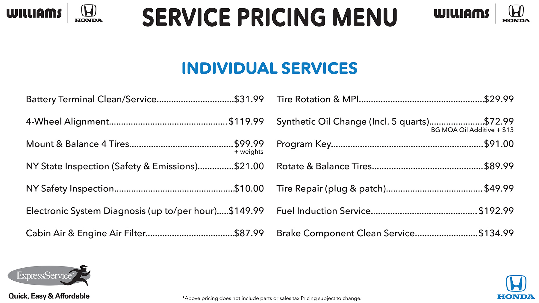 Service Pricing Menu - Williams Honda