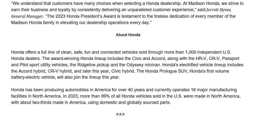 2023 Honda Presidents Award - Madison Honda