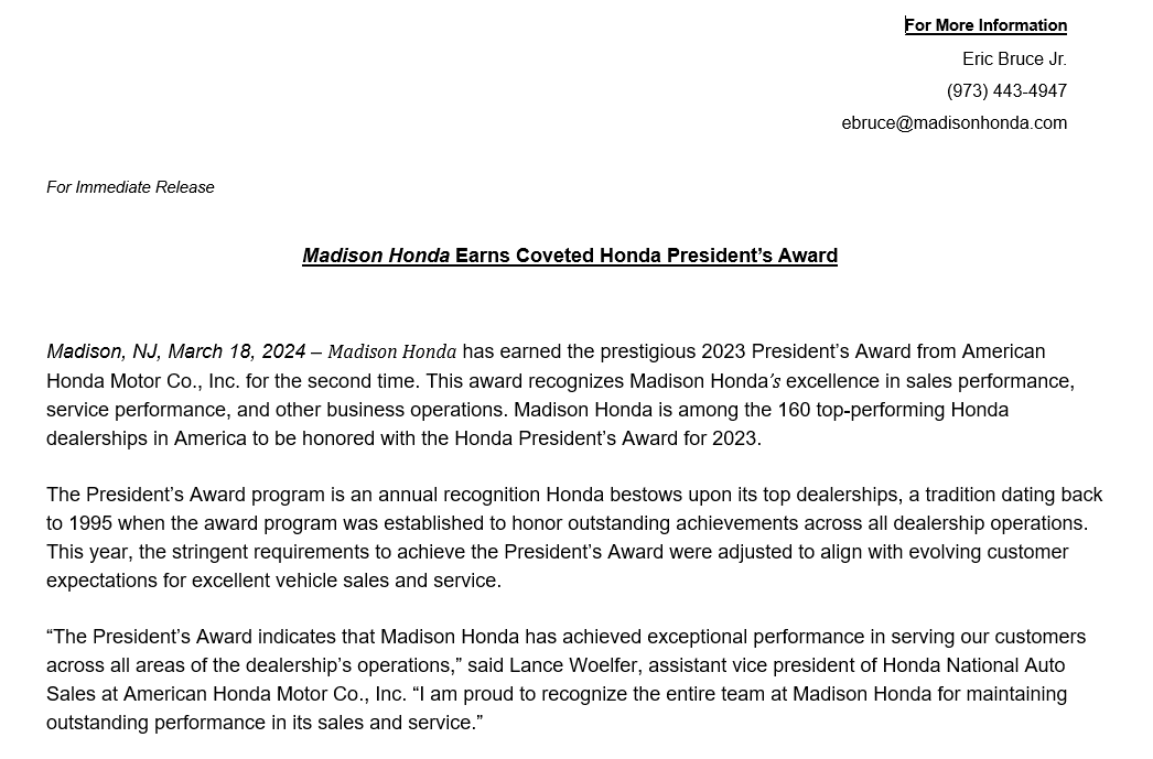 2023 Honda Presidents Award - Madison Honda