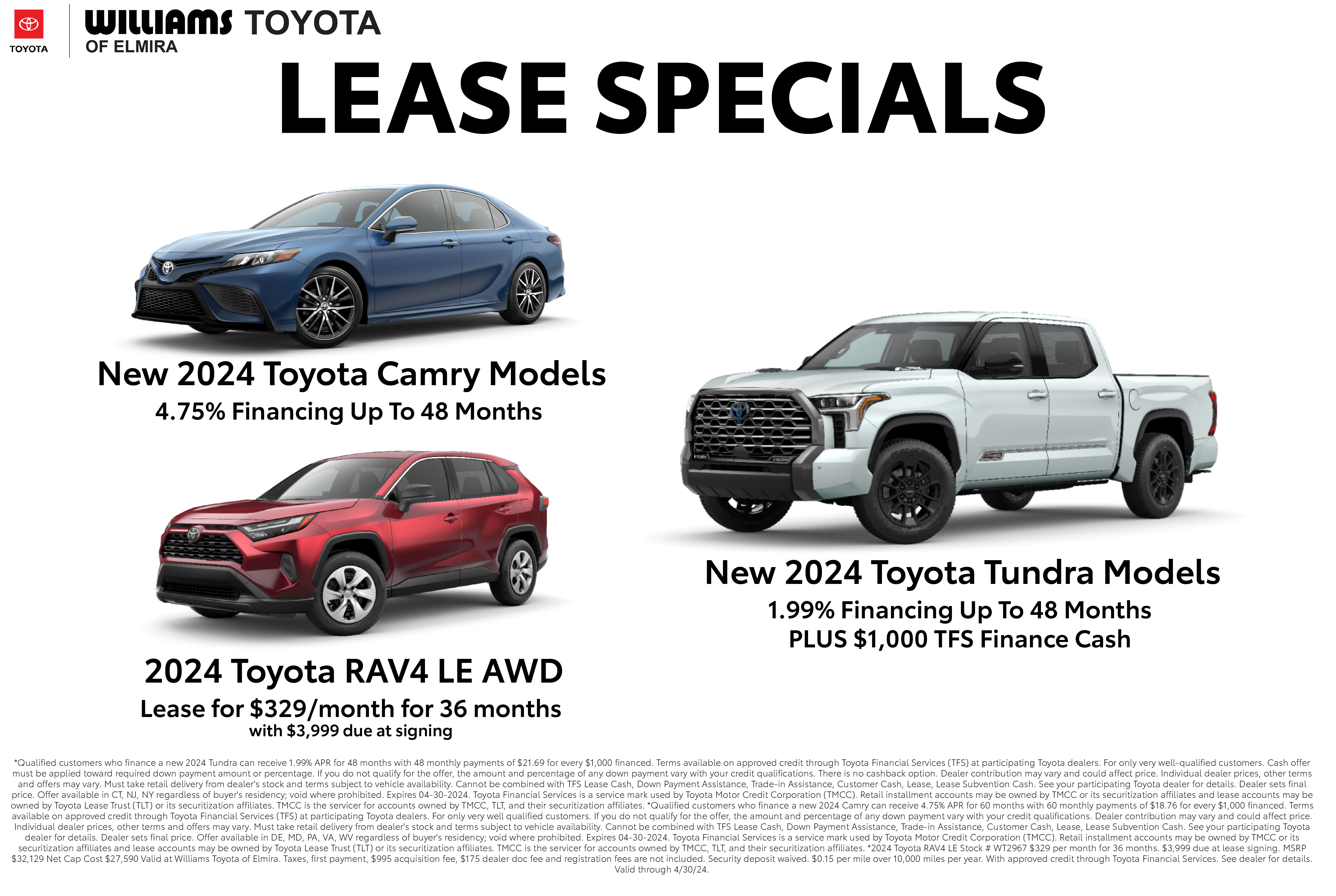 Williams Toyota of Elmira Monthly Lease Specials