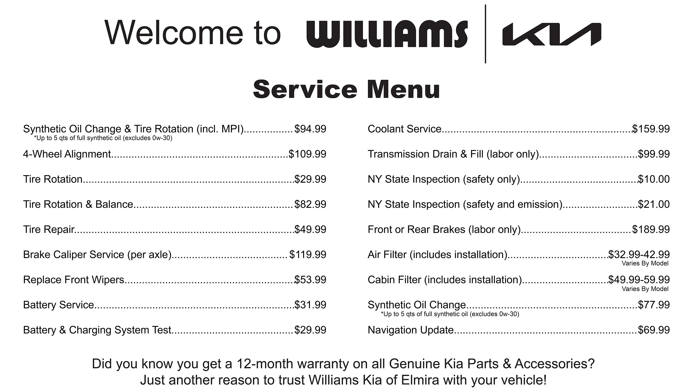 Service Pricing Menu - Williams Kia of Elmira