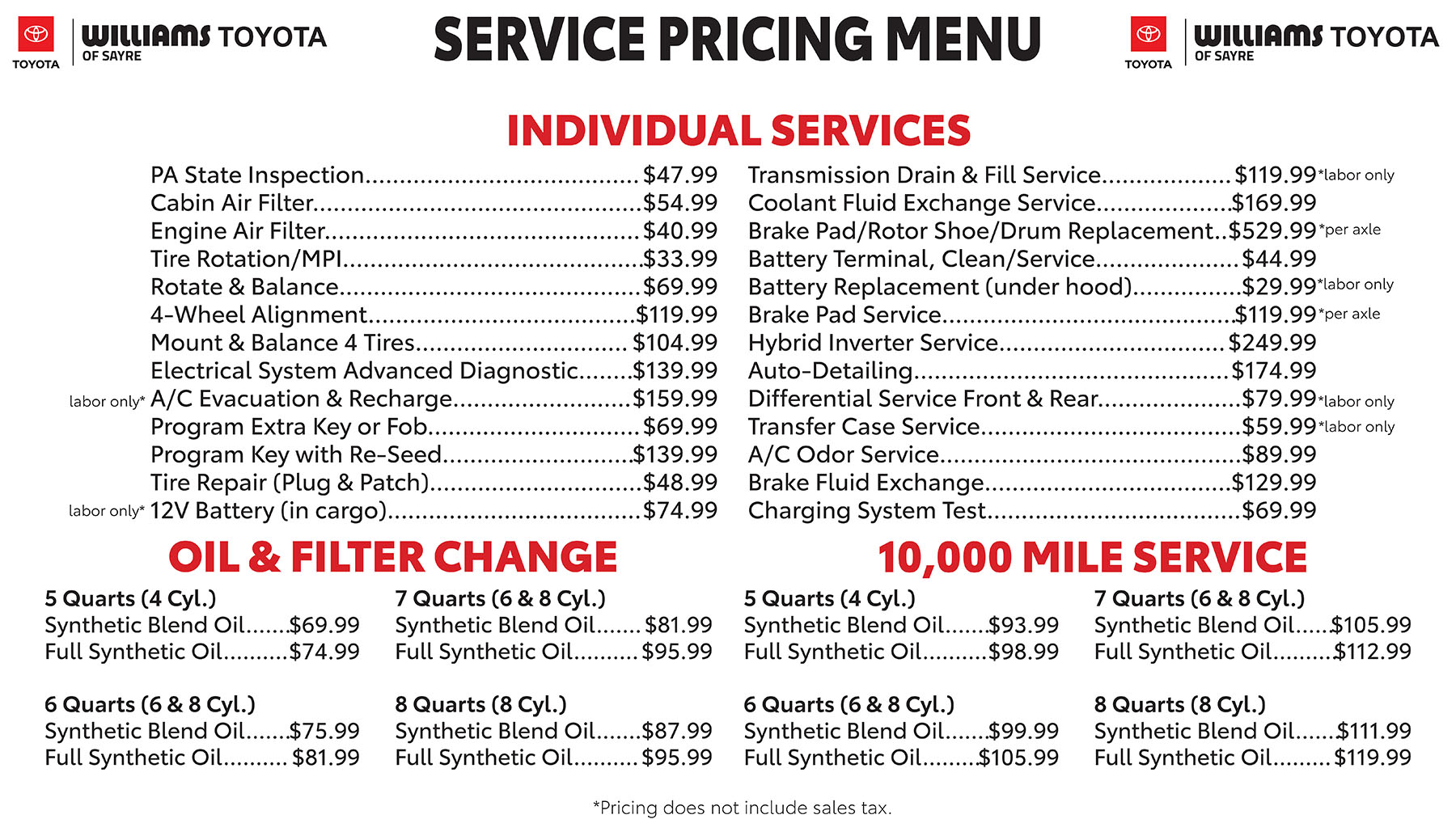 Service Pricing Menu - Williams Toyota of Sayre