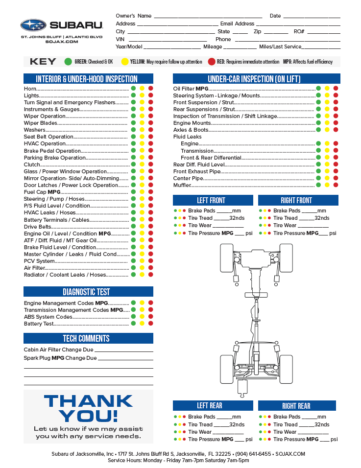 Subaru Safety Inspection Checklist